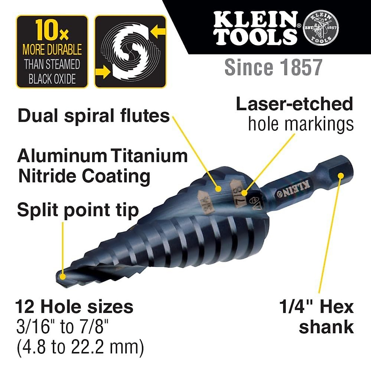 Klein Tools QRSTSPRO Premium 3-Piece Electrician's Step Bit Set with Cutting Oil, Modular Case, Impact Rated Quick Release, Double Spiral Flutes
