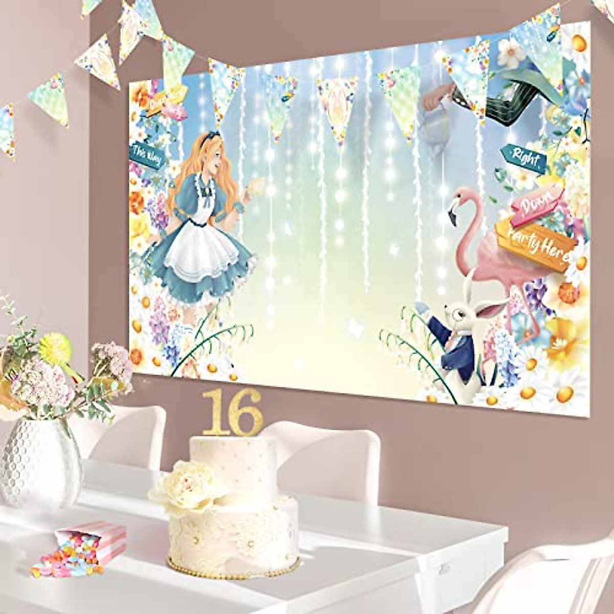 5x3 ft Alice in Wonderland Backdrop for Girls Birthday Party Decorations Floral Tea Party Easter Bunny Banner Background for Birthday Party Supplies