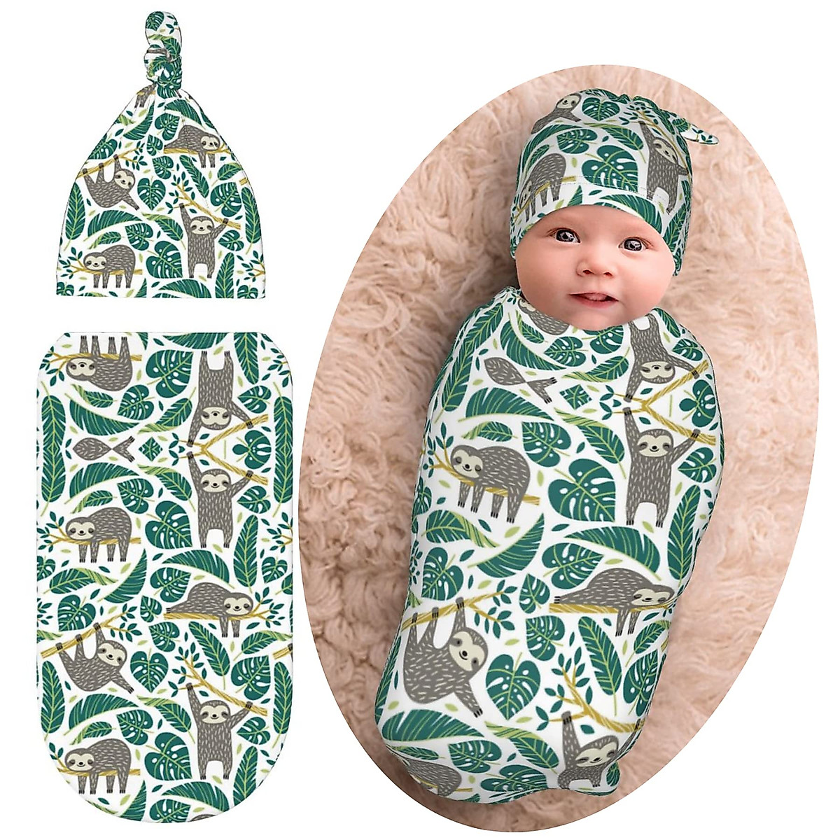 Cute Sloth Baby Stuff New Born Baby Swaddle Blanket Soft and Stretchy Wrap Baby Swaddle Sack for Infant Boy Girl Gifts with Beanie Hat Sets