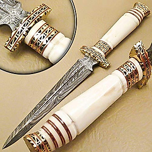Skokie Knives Hand Made Damascus Steel Hunting Dagger Knife Handle Original Camel Bone with Perfect Grip