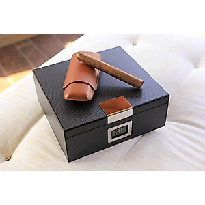 Carbon Fiber Design Handcrafted Modern Cedar Humidor with Front Digital Hygrometer and Humidifier Gel - Holds (25-50 Cigars) by Case Elegance