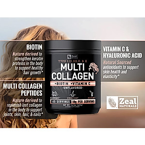 Premium Multi Collagen Peptides Protein Powder (1, 2, 3, 5 & 10) with Vitamin C, Biotin, Hyaluronic Acid, for Hair Skin and Nails - Marine, Bovine, Chicken & Eggshell (Unflavored, 45 Servings)