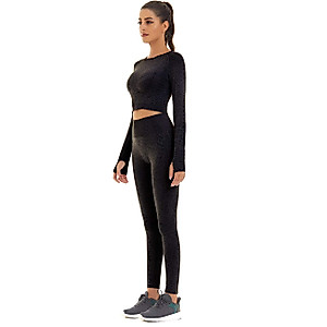 Toplook Women Seamless Workout Outfits Athletic Set Leggings + Long Sleeve Top 2 Pieces(Black, Medium)