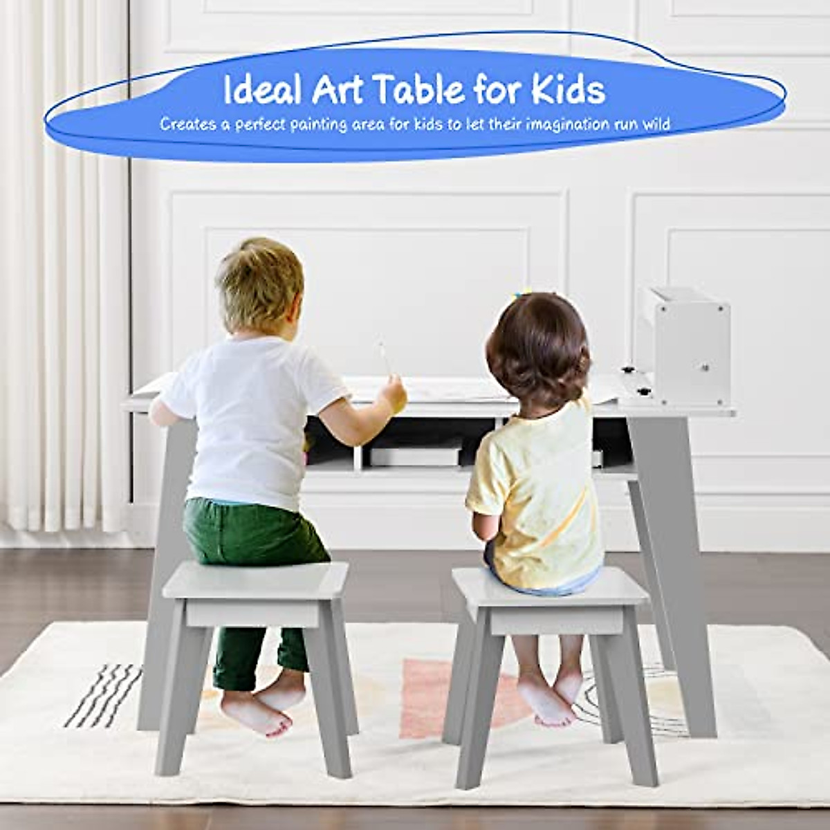 Kids Art Table, 2-In-1 Kids Craft Table and Art Table and Chair Set w/ 2 Stools and 3 Storage Drawers, Wooden Drawing and Painting Art Easel Set, Toddler Activity Table, Kids Arts and Crafts Ages 3-12