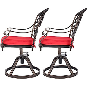 LEISU 2 Piece Cast Aluminum Bistro Dining Chair Outdoor Bistro Chairs for Home Patio Garden Deck (2 Swivel Rocker Chairs with Red Cushions)