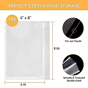 Hydsto 100 Pcs 3.9" x 7.8" Vacuum Sealer Bags with BPA Free and Puncture Prevention, Vacuum Sealer Bags for Food, Sous Vide Vacuum Sealer PreCut Bags