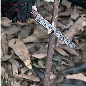 Carimee Double Action Pocket Knife Damascus Pattern D2 Stainless Laser Blade, Wood Handle, with Leather Sheath for Men and Women