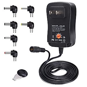 30W Universal Adapter Adjustable AC to DC Switching Power Supply with 6 Selectable Connector Tips & 5V USB Charger Ouput, 3V to 12V Regulated Voltage Replacement for Speakers Router LED Strip Lights