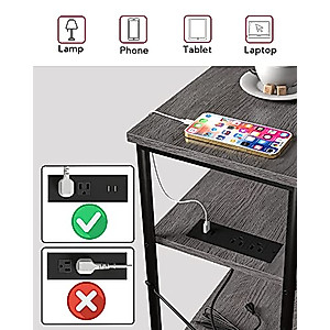 Yusong Small Side Table with Charging Station, Slim End Table for Narrow Space in Living Room,3 Tier Skinny Nightstand Bedside Table with USB Ports & Outlets for Bedroom, Grey