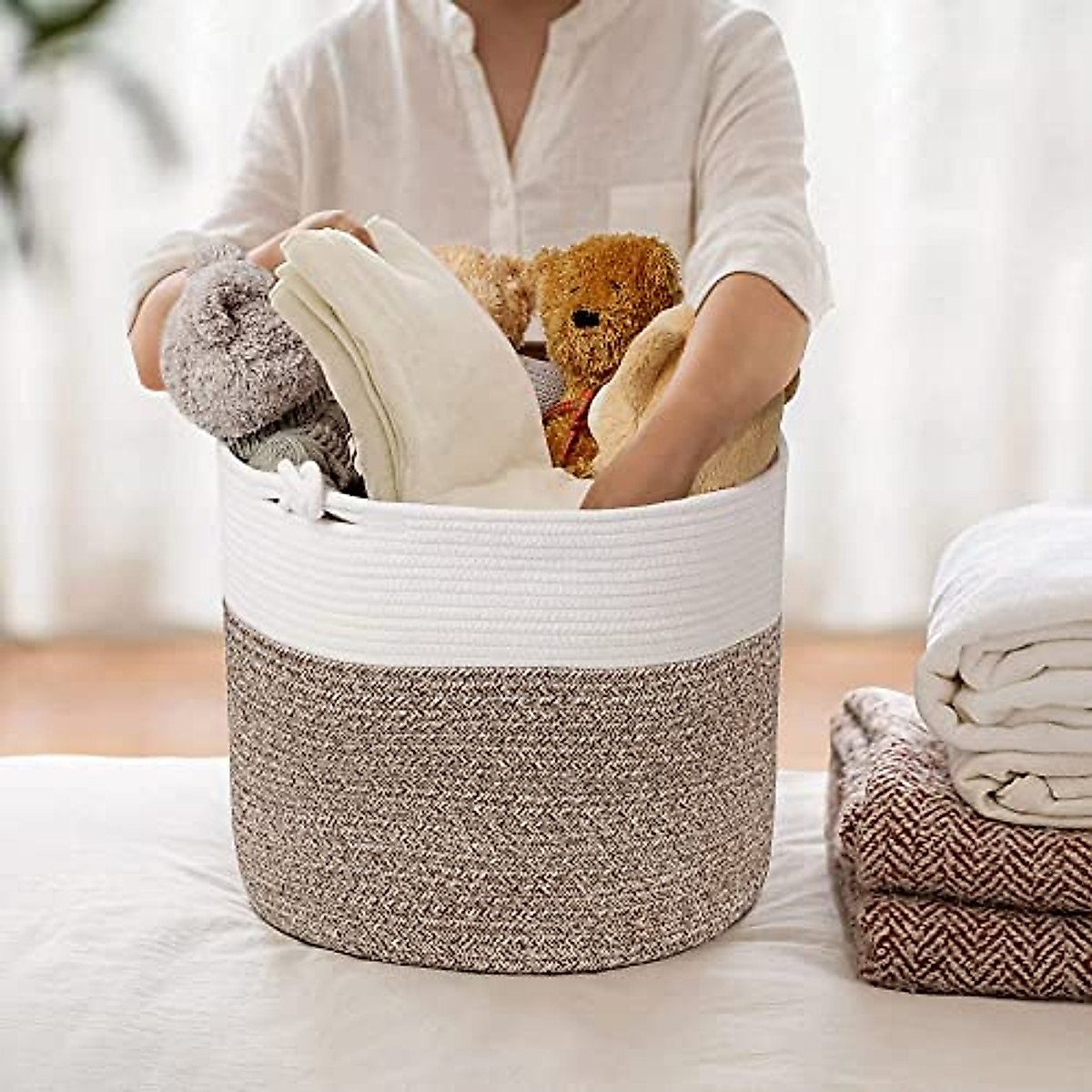 NamRamo Blanket Basket Living Room 15.8" x 15.8" x 13.8", Large Basket Baby Toy Basket, Cotton Rope Laundry Basket with Handle, Rope Basket, Woven Storage Basket, White & Brown Hamper