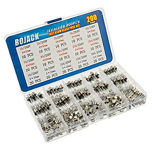 BOJACK 15 Values 200 pcs Fast-Blow Glass Fuses Assortment Kit 5x20mm 250V 1 5 10 15 20A 6x30mm 250V 1 2 3 5 6 7 8 10 15 20A amp packag in a Clear Plastic Box
