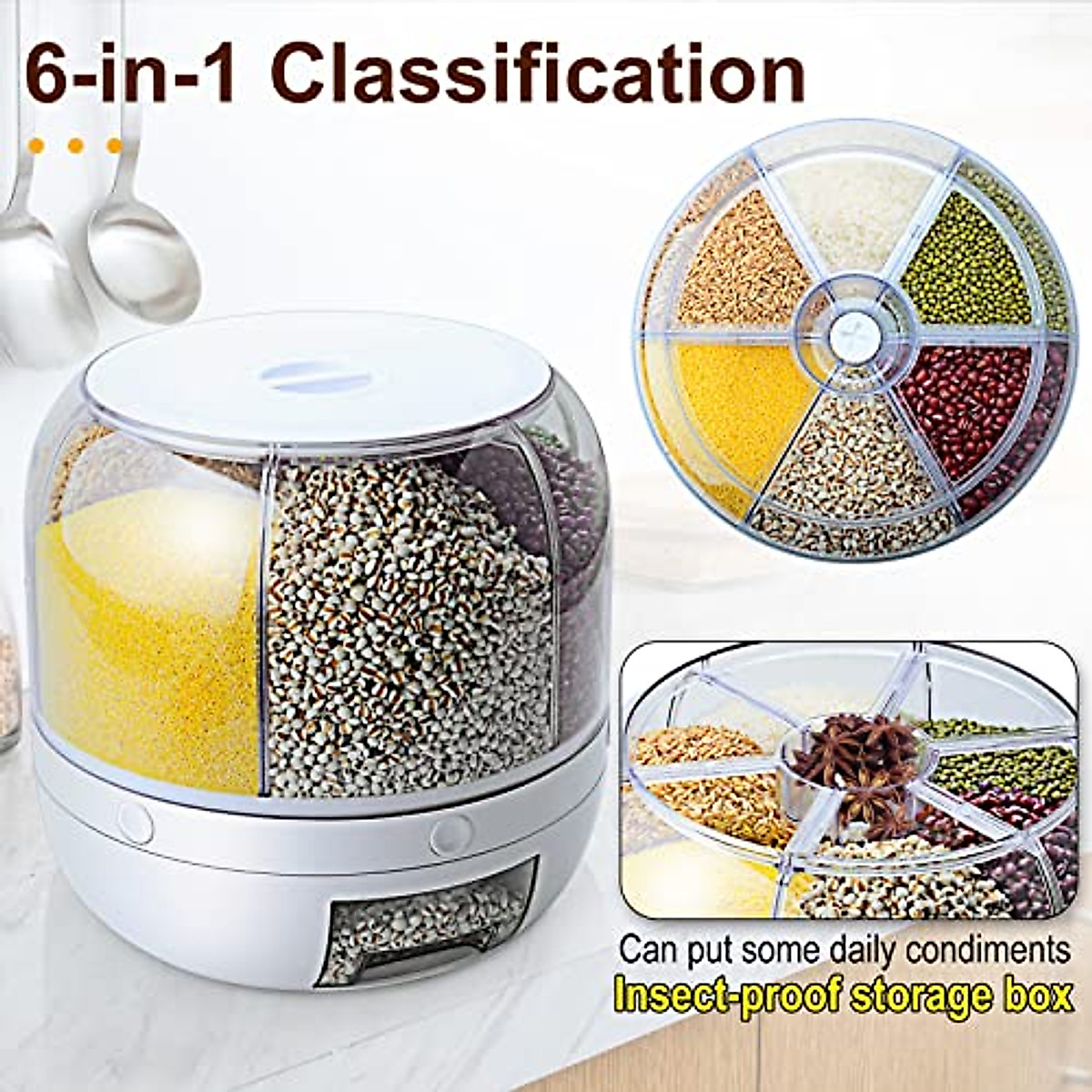 WOWFUNNY Grain Dispenser, 8.2 Qt Rotating Rice Dispenser Storage Container, 6-Compartment Dry Food with Measuring Cup, Containers for Kitchen Small Grains, Beans, (8.2Qt)