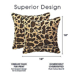 Cheer Collection Set of 2 Leopard Print Throw Pillows - Soft Velvety Faux Fur Decorative Couch Pillows, 18" x 18"