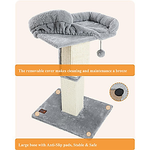 Karolpar 32" Cat Scratching Post for Indoor Cats, Sisal Cat Scratcher with Plush Perch, Large Scratch Post with Bed, Removable Cover, Sisal Fabric,Light Grey