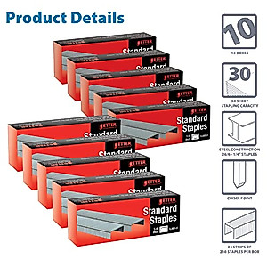 50,000 Staples, 10 Pack of 5,000 Count Standard Staples, 26/6, 1/4-inch, Chisel Point Tips, Jam Free Staples, Fits All Standard Desktop Office Staplers, Better Office Products