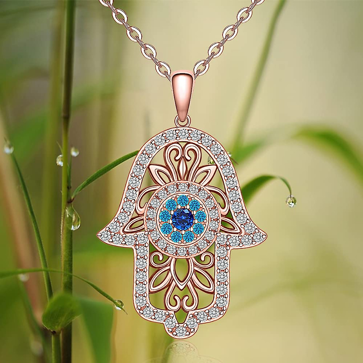 Hamsa Hand Evil Eye Necklace 925 Sterling Silver Rose Gold Plated Vintage Fatima Hand Good Luck Women Pendant Necklace