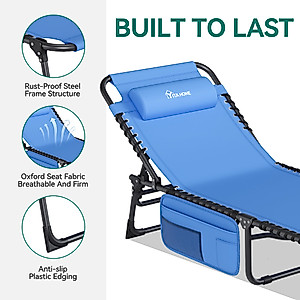 YITAHOME Patio Lounge Chair, Portable Reclining Chairse Lounge Folding Camping Cot 5 Posistion Adjustable w/Head Pillow & Portable Handbag for Camping, Pool, Beach and Patio, Blue