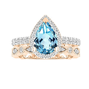 Dazzlingrock Collection 9X6 MM Pear Shaped Blue Topaz and 0.78 Carat Round White Diamond Halo Alternating Marquise and Circle Wedding Ring Set in 10K Rose Gold, Size 5.5