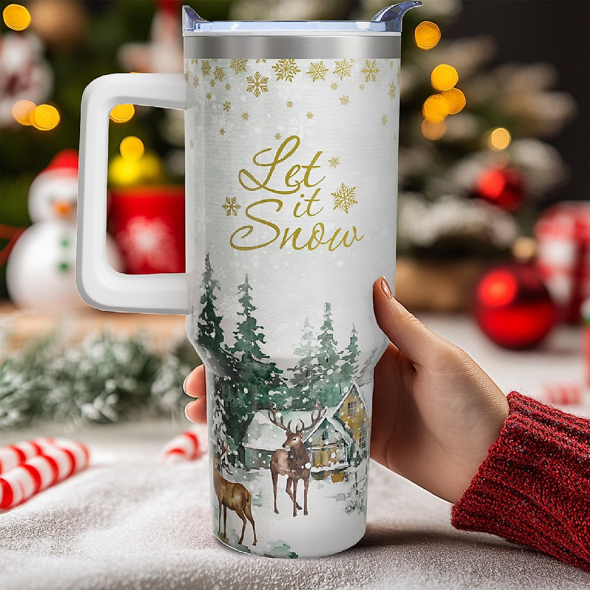 owbgsdh 40 oz Christmas Tumblers with Handle and Straw, Christmas Deer Tree 40oz Stainless Steel Vacuum Insulated Travel Coffee Mug Cup Water Bottle, Christmas Decor Stuff Accessories Gifts for Women