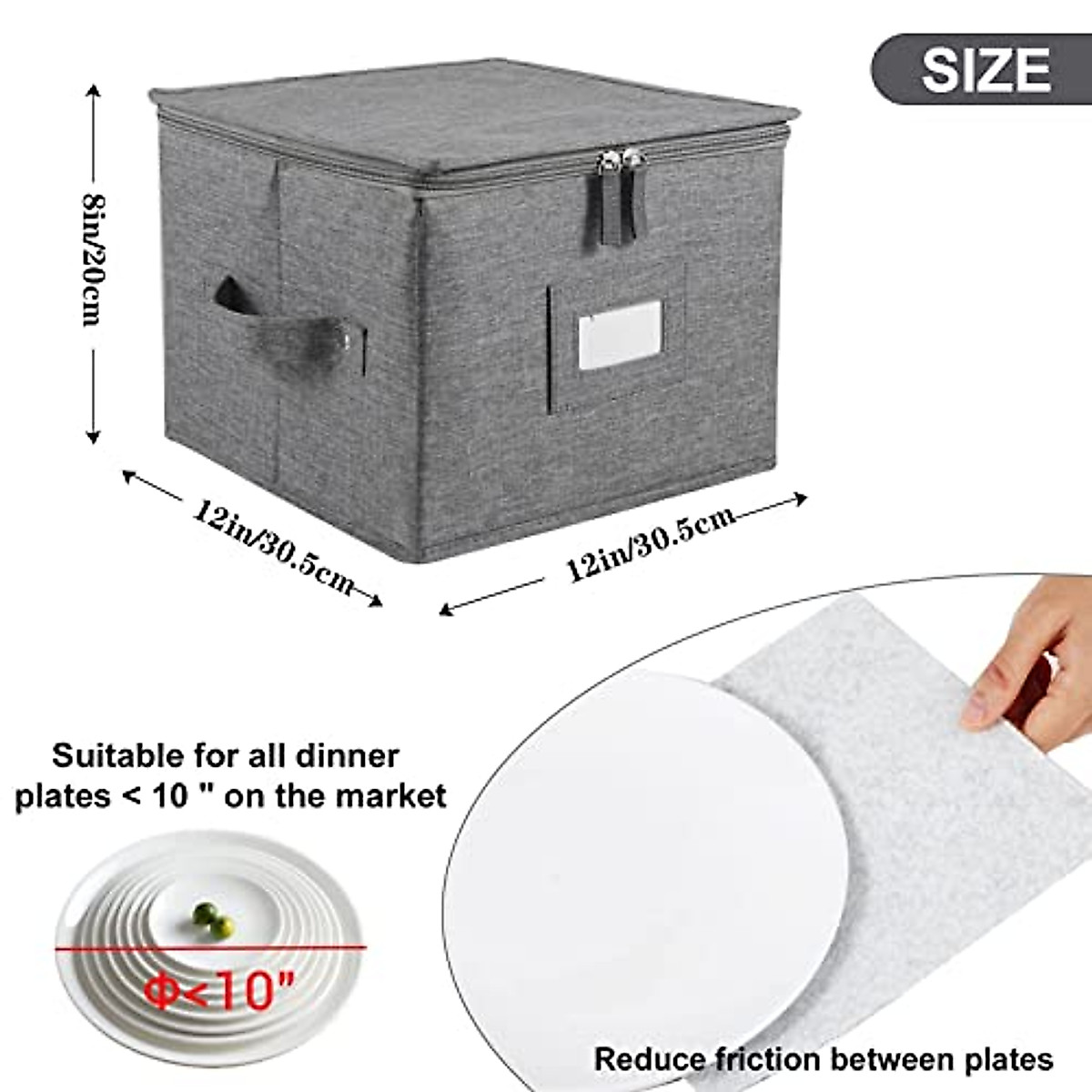 popoly China Storage Containers Inside 12" W x 8" H, Dinnerware Storage Box for Dishes Plate Storage with 24 Felt Dividers, Hold 24 Plates, Hard Shell and Stackable (2 Pack Grey)