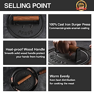 Burger Press,8.5 Inch Smash Bacon Press Heavy-Duty Cast Iron Burger Smasher 3lbs & 8.2 Inch Rectangle Grill Press 2lbs for Hambergur,Panini,Steak & Sandwiches,Food-Grade Press with Wood Handle