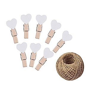 100 Pcs White Mini Wooden Heart Clothespins 3.5 cm with Spring Wooden Photo Paper Pegs Craft Clips for Wedding Party Decor with 100 Feet Jute Twine
