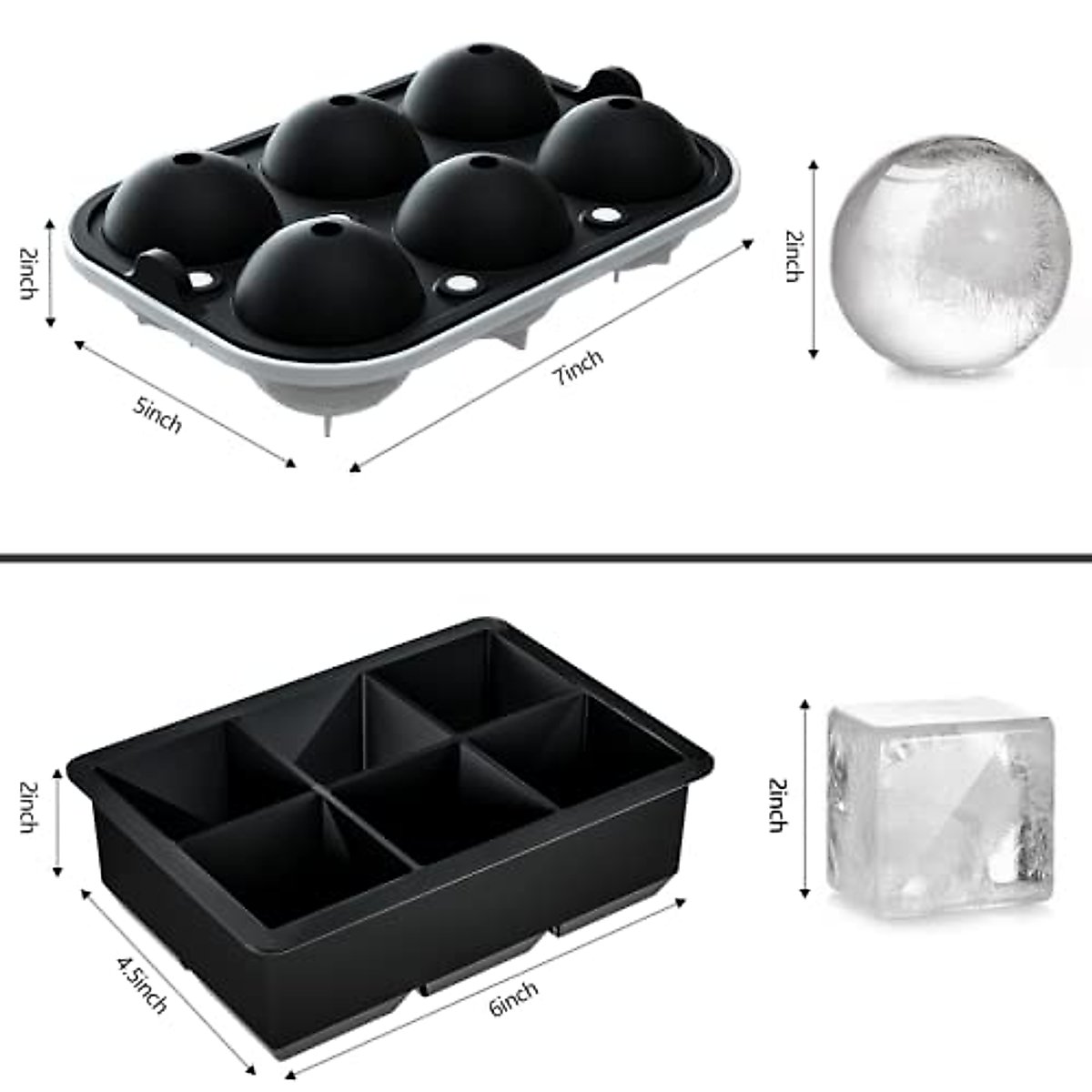 ROTTAY Ice Cube Trays (Set of 2), Sphere Ice Ball Maker with Lid & Large Square Ice Cube Maker for Whiskey, Cocktails and Homemade, Keep Drinks Chilled