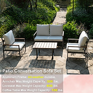 KMX Aluminum Patio Furniture Set, 4-Piece Conversation Sofa Set with High Backrests, Off-White Cushions and a Chic Table - Outdoor Conversation Sofa Set for All-Weather. Easy Install, Rust-Proof