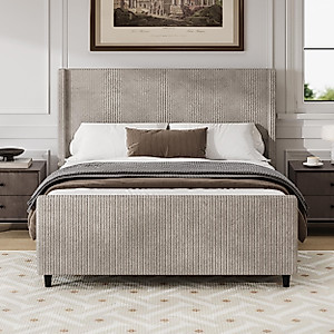 JULYFOX Upholstered Bed Frame 50 in High Headboard, Queen Size Taupe Color Tufted Platform Bed with Corduroy Soft Headboard Footboard Wood Slats No Box Spring Need (Taupe, Queen)