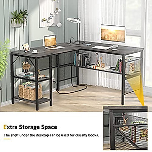 Unikito L Shaped Desk, Reversible Corner Computer Desks with Power Outlet and USB Charging Port, L- Shaped Office Desk with Storage Shelf and Under Bookshelf, Modern 2 Person Long Table, Enoch Walnut