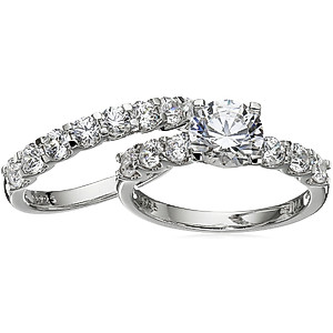 Amazon Collection Platinum-Plated Sterling Silver Infinite Elements Cubic Zirconia Round Cut Ring Set, Size 7