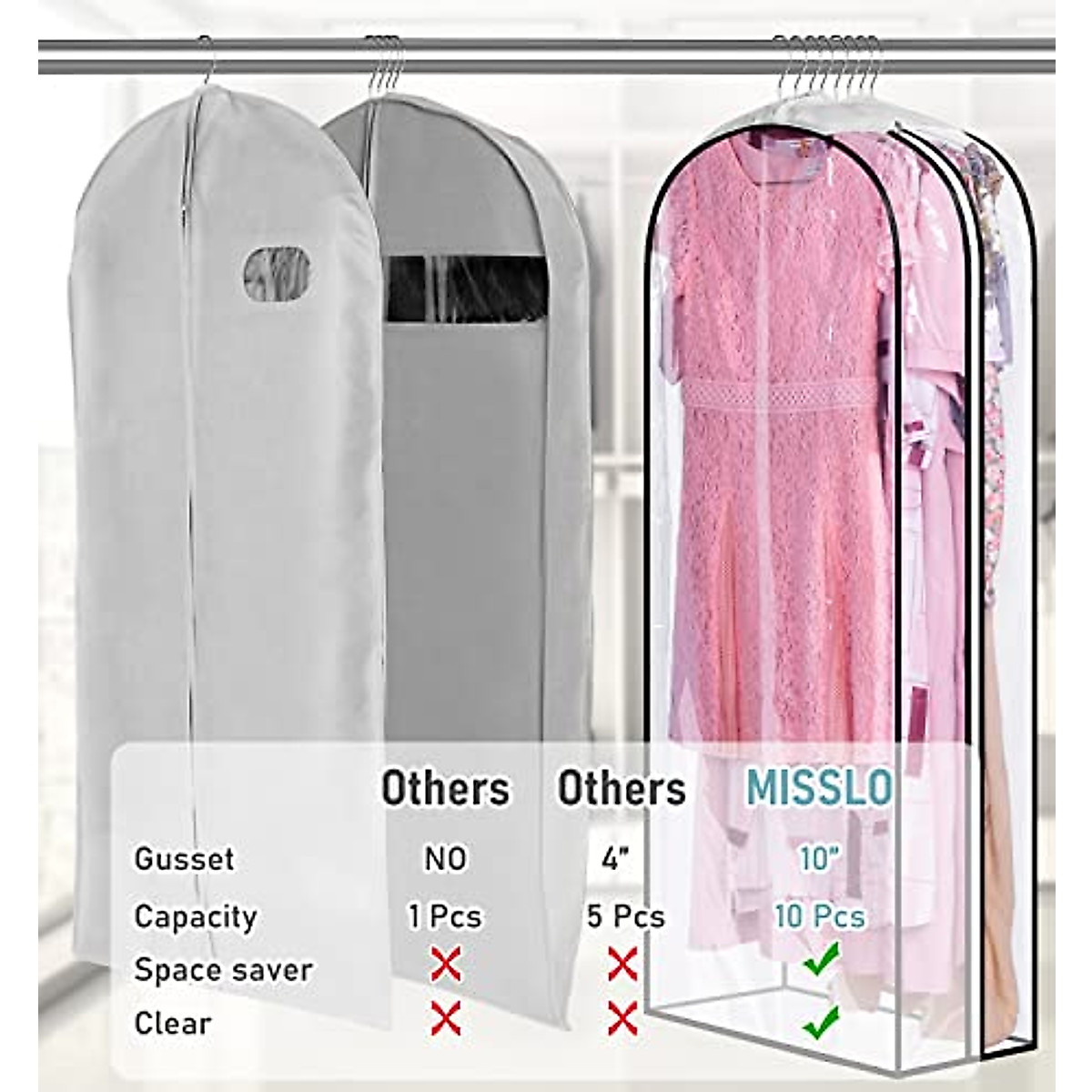MISSLO 3 Pack 40" All Clear Suit Bags for Closet Storage + 3 Pack 50" Dress Bags for Closet Storage