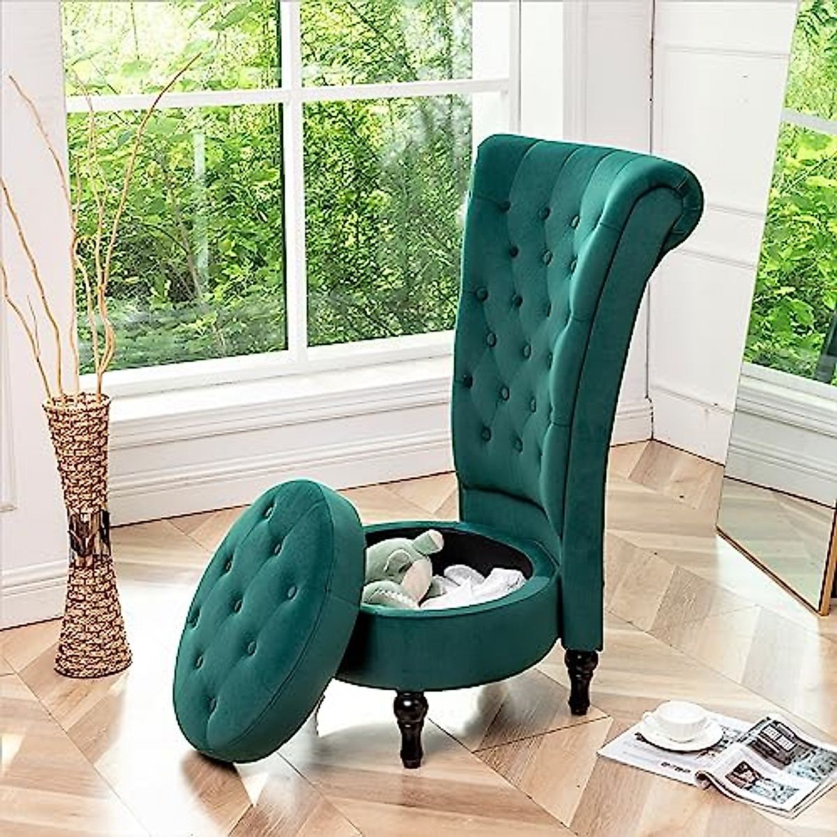 Container Furniture Direct Royal High-Back Velvet Accent Chair for Vanity with Storage and Luxurious Upholstery, Retro Design and Versatile Usage for Living Room, Bedroom, Lounge and Office, Green