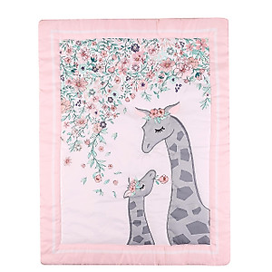 HUPO 4 PC Crib Bedding Set for Girls, Pink Nursery Crib Bedding Set GiraffeBlush Pink Flower, Crib Sets Including Crib Skirt, Crib Quilt, Crib Sheet and Diaper Stacker, Deer-pink