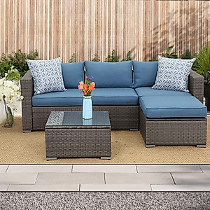 Wisteria Lane 2 Piece Patio Armless Sofa, Outdoor Wicker Sectional Furniture with Cushion, Additional Loveseats for Garden Backyard, Blue