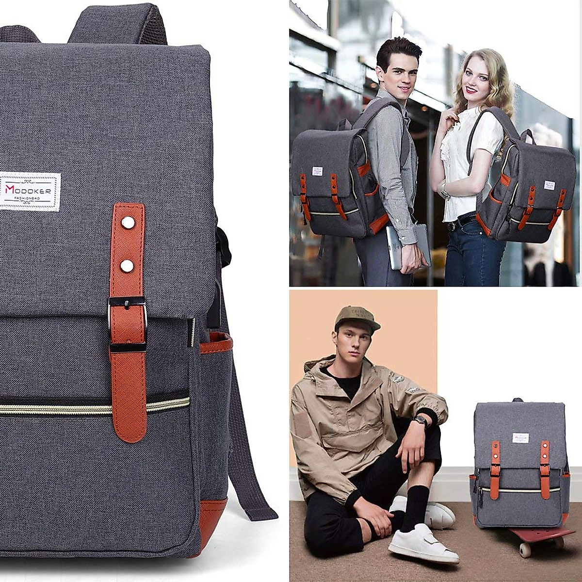 Modoker Vintage Laptop Backpack for Women Men,School College Backpack with USB Charging Port Fashion Backpack Fits 15.6Inch Notebook, Grey