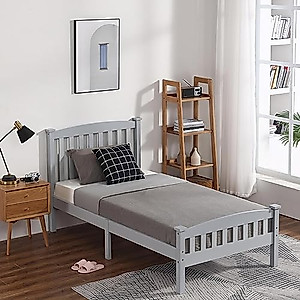 KRHINO Cap Vertical Bed Double Platform Bed Frame with slatted headboard Wooden Bed Frame with footrest, Supported by 12 Wooden slats, no Spring Box Required (White) 灰色