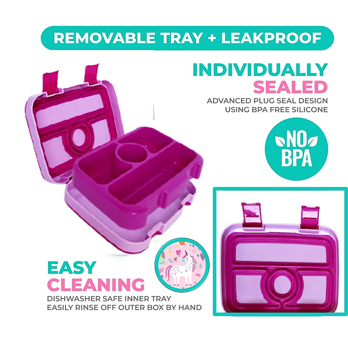 kinsho Bento Lunch Box with Insulated Bag and Water Bottle Set for Kids Toddlers, 4 Portion Sections, Removable Tray, Pre-School Girl Toddler Daycare Lunches, Snack Container, Pink Unicorn