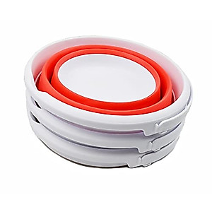 SAMMART 5.5L (1.4 Gallon) Set of 3 Collapsible Plastic Bucket - Foldable Round Tub - Portable Fishing Water Pail - Space Saving Outdoor Waterpot. (Grey & Latte & Orange Red)