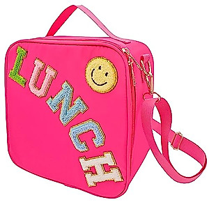 Insulated Lunch Bag With Adjustable Shoulder Strap, Nylon Preppy Lunch Box Large Insulated Lunch Bag Reusable Lunch Tote Bag with Smiley Preppy LunchBag for Girls School Travel Picnic (Pink)