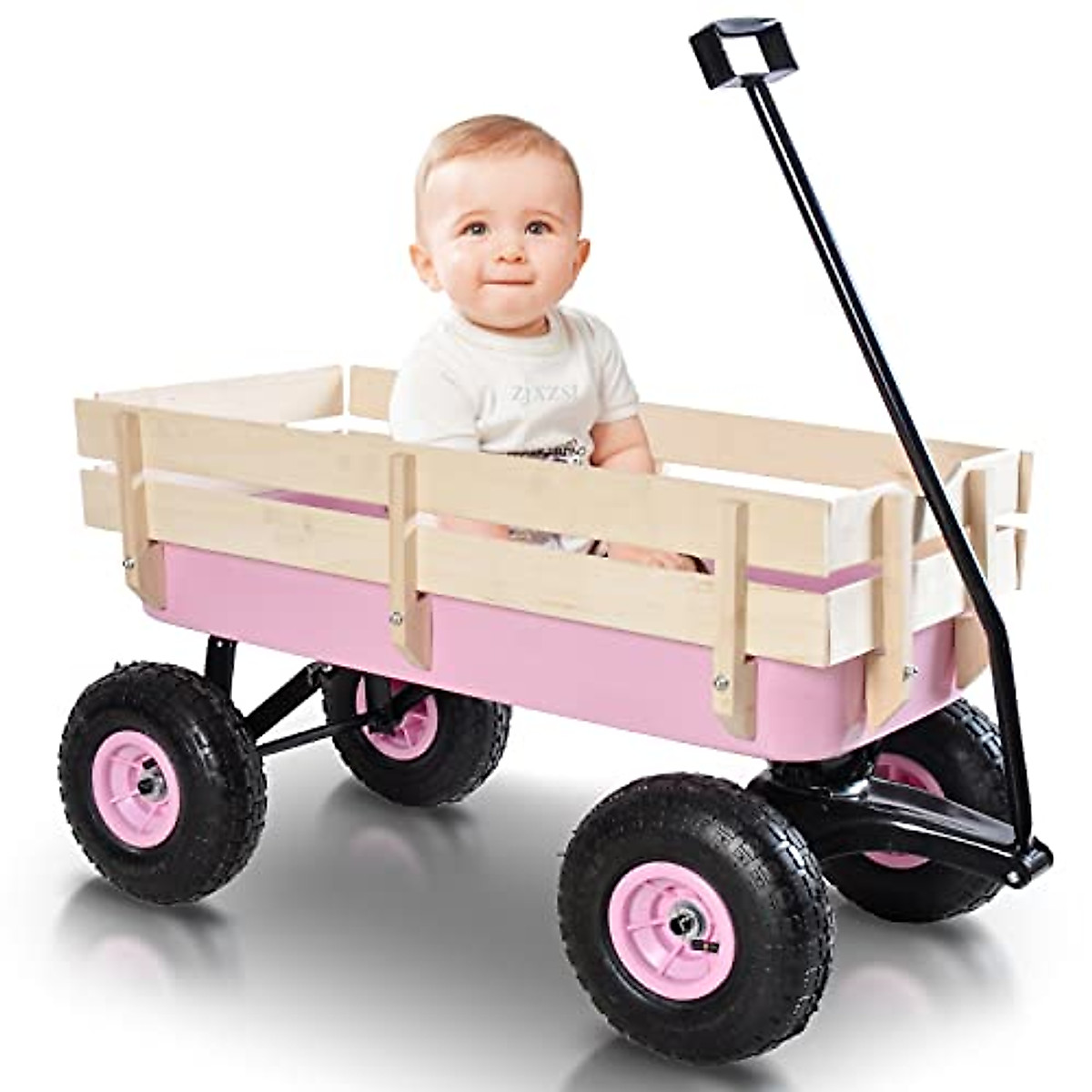 All Terrain Wagons for Kids Wagon with Removable Wooden Side Panels Garden Wagon Cart Heavy Duty with Steel Wagon Bed Folding Wagons for Kids/Pets Ideal Gift for Kids for Halloween Christmas, Pink