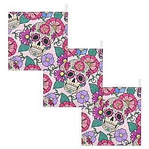 CUPADA 3 Pack Sugar Skulls Floral Baby Muslin Washcloths, Pink Halloween Face Towel Burp Cloths Ultra Soft Absorbent Cotton Bath Wipes Towels for Newborn Boys Girls
