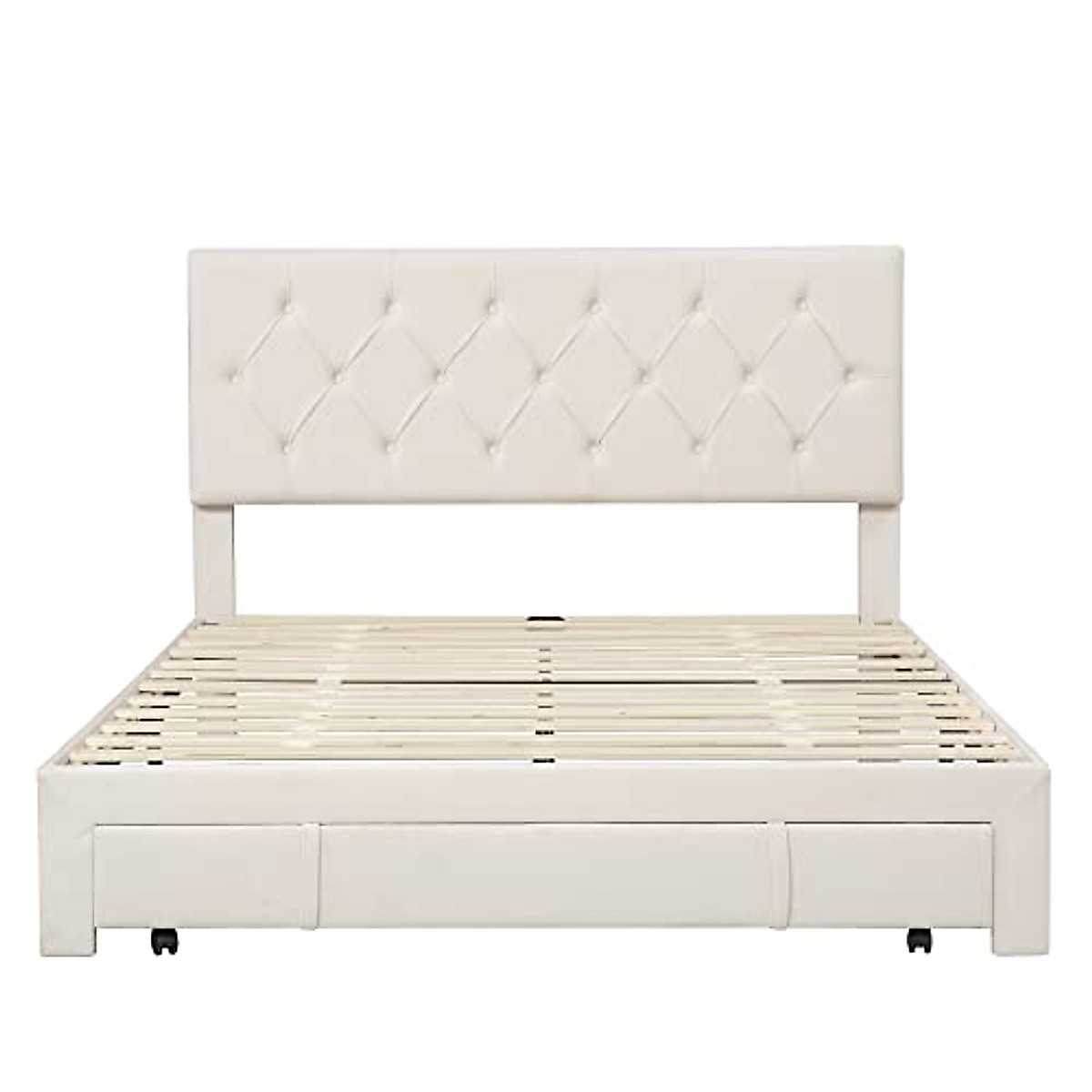 YuiHome Queen Bed Frame with Storage Drawer, Velvet Upholstered Storage Bed with Button Tufted Headboard, Wingback Platform Bed Queen Size,No Box Spring Required,Beige