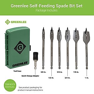 Greenlee 34AR-6 7-Piece Self-Feeding Spade Bit Set with 3/8" to 1" Spade Drill Bits, 1/4" Quick Change Adaptor, and Carrying Case, Spade Drill Bit Set for Wood