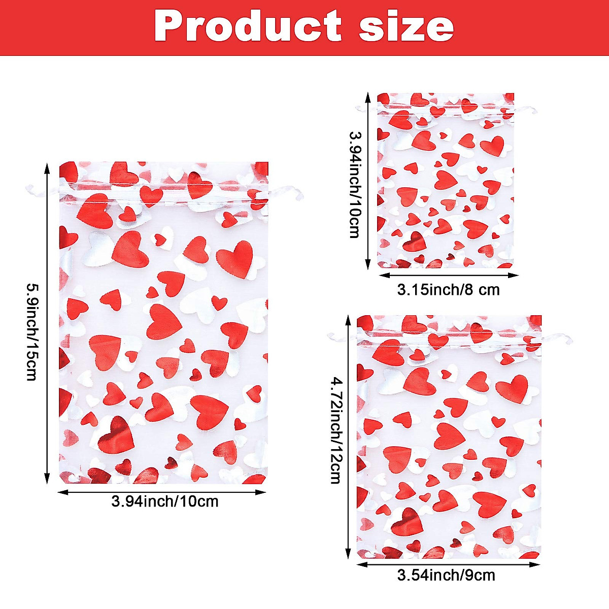 120 Pieces Heart Candy Bags Organza Drawstring Bags Valentine's Day Love Red Jewelry Gift Pouches Drawstring Bags for Mother's Day Wedding Valentine's Day Decor, 3 Sizes