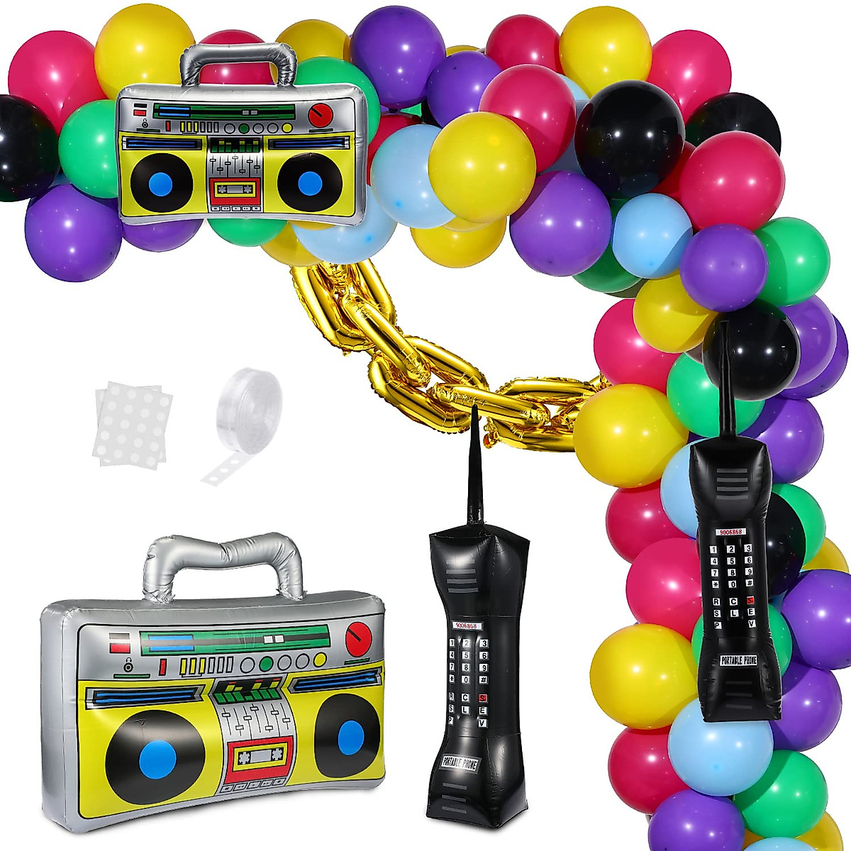 90S 80S Theme Party Balloons Backdrop Decorations Inlcude Inflatable Boom Box Inflatable Retro Mobile Phone Gold Chain Balloons 90s Balloon Garland Kit for Back to 90S 80S Party for Birthday Decor