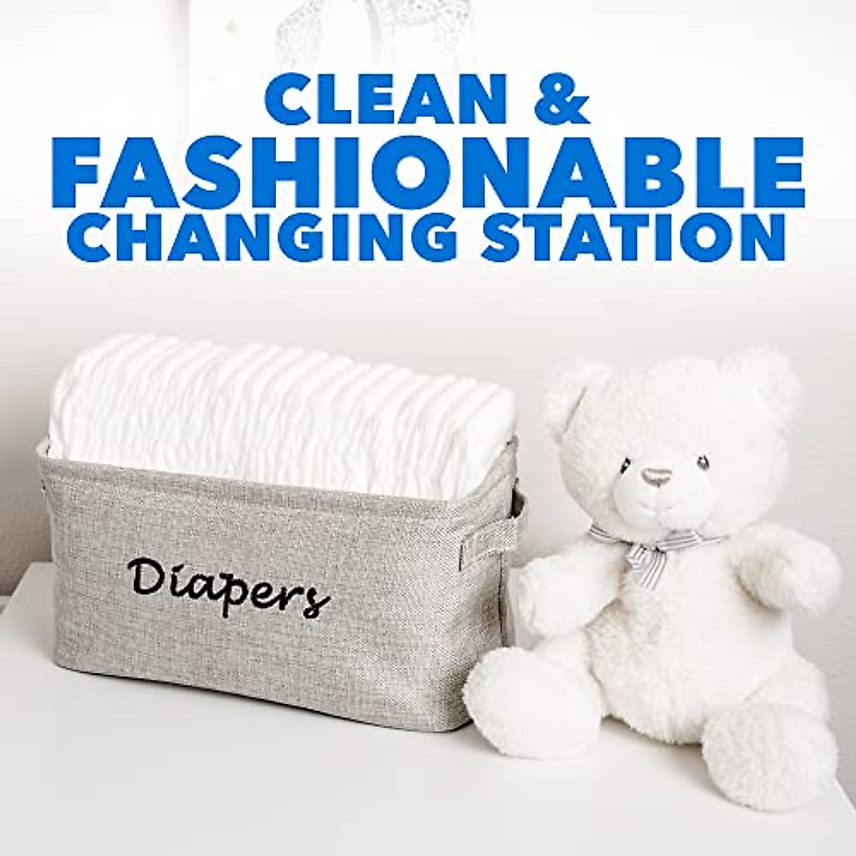 Dejaroo - Baskets for Organizing Diapers and Newborn Essentials, Baby Diaper Caddy Organizer, Embroidered Baby Shower Gifts for Moms, Linen Basket with Handle, 12 x 6 x 6 Inches, Grey