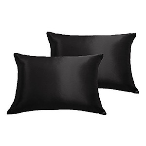 2-PCS Silky Soft Satin Solid Color Luxurious Decorative Throw Pillow Covers (Black, 12" x 20")