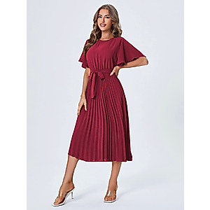 Milumia Women's Elegant Belted Pleated Flounce Sleeve Long Dress Burgundy Large