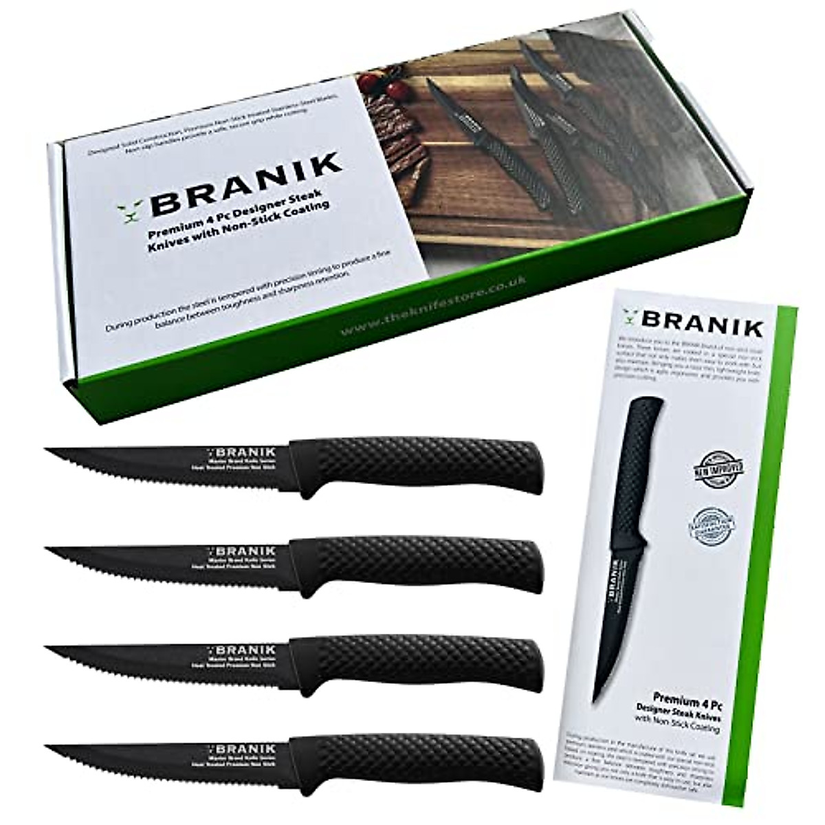 BRANIK Black Steak Knives set of 4, Special Non-Stick Coating on each of these Steak knives making them dishwasher safe. This Black Steak Knife Set is razor-sharp, lightweight, and user-friendly.
